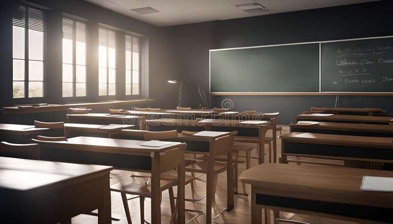 Empty Classroom with Sun Shining through Windows Stock Illustration ...