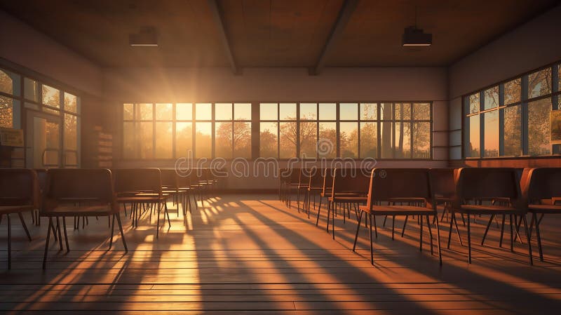 An Empty Classroom at Sunset, with the Last Rays of Daylight Gently ...