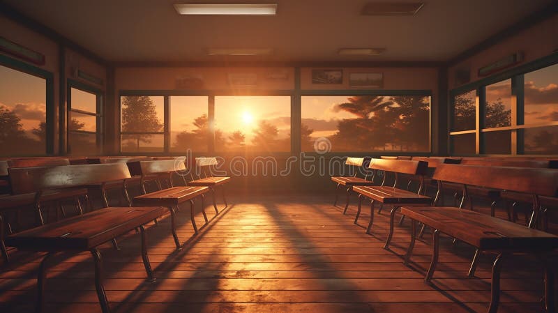 An Empty Classroom at Sunset, with the Last Rays of Daylight Gently ...