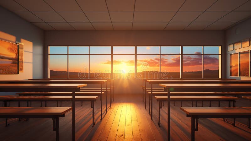 An Empty Classroom at Sunset, with the Last Rays of Daylight Gently ...