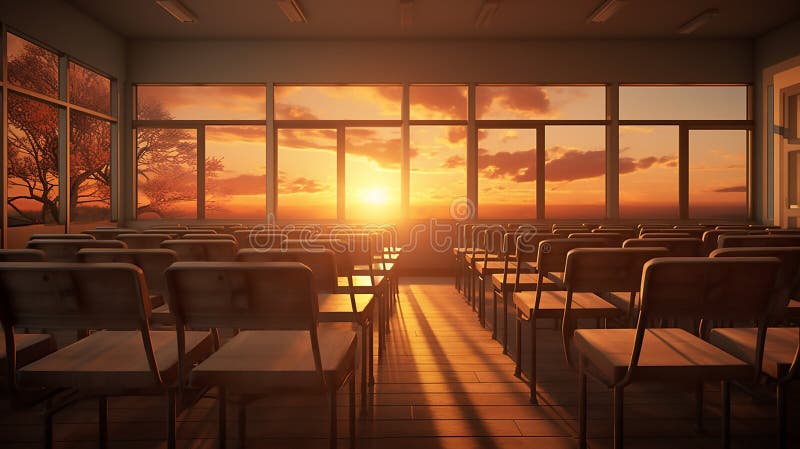 An Empty Classroom at Sunset, with the Last Rays of Daylight Gently ...