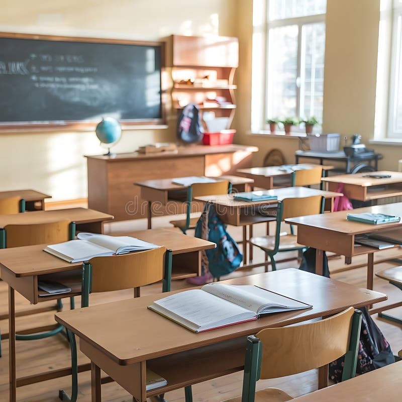 Empty Classroom with Tables and Chairs, Bags, and School Elements by AI ...