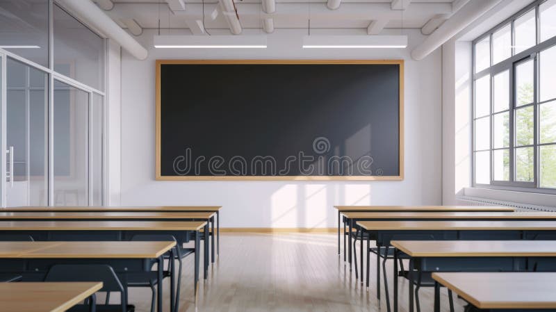 Empty Classroom with Tables, Chairs, Blackboard, No Windows Inside the ...