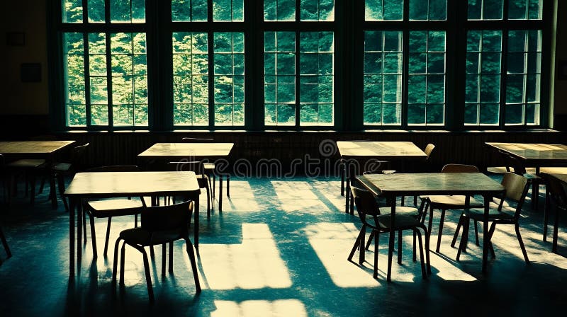 Empty Classroom with Tables and Chairs Illuminated by Sunlight through ...