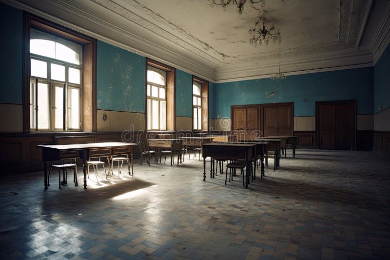Empty Classroom with Tables and Chairs in an Old School Building. 3d ...