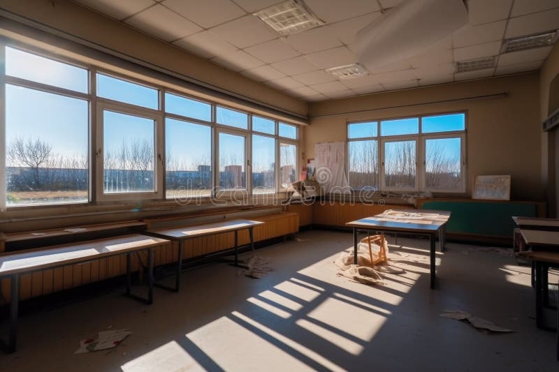 Empty Classroom, with a View of the Outside World and Bright Sunny Sky ...