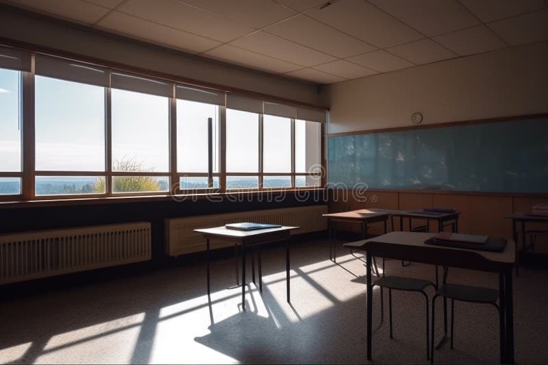 Empty Classroom, with a View of the Outside World and Bright Sunny Sky Stock Image - Image of ...