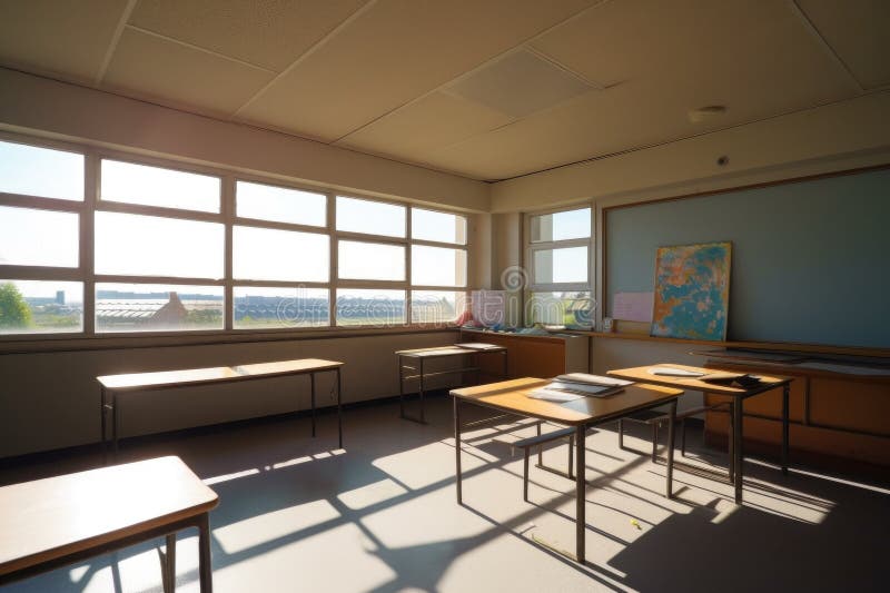 Empty Classroom, with a View of the Outside World and Bright Sunny Sky ...