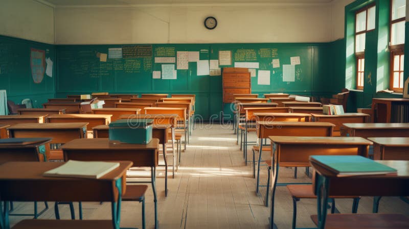Empty Classroom Vintage Wooden Interior with Lecture Chairs and Desks ...