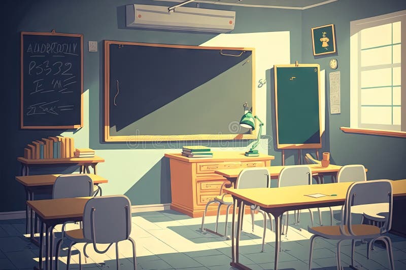 Empty Classroom with Whiteboard, Desks, and Chairs Stock Illustration ...