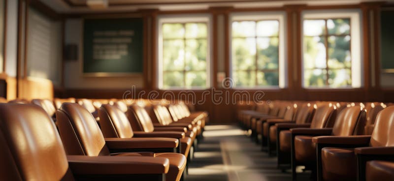 Empty Classroom with Wooden Chairs and Large Windows Allowing Natural ...