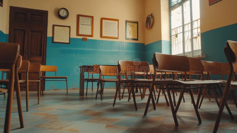 Empty Classroom with Wooden Chairs Under Soft Daylight Stock Photo ... Empty Classroom with Wooden Chairs Under Soft Daylight Stock Photo ...