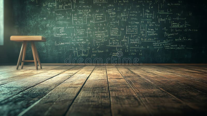 Empty Classroom with Wooden Desk and Chalkboard Covered in Math ...