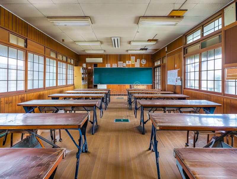 An Empty Classroom with Wooden Desks and a Blackboard Stock Image ...