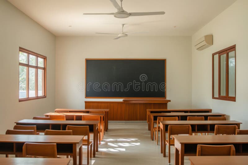 Empty Classroom with Wooden Desks and a Blackboard, Creating a Quiet ...