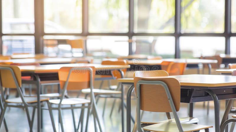Empty Classroom with Wooden Desks, Chairs, Sunlight through Windows ...