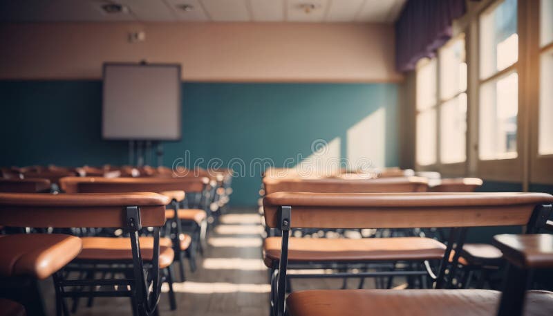 Empty Classroom with Wooden Desks and Chalkboard at Sunrise Stock ...
