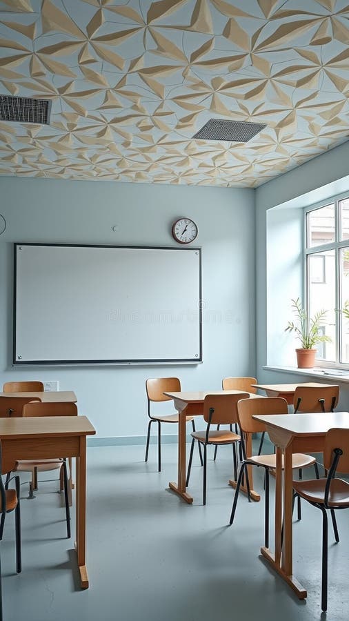 Empty Classroom with Wooden Desks and Geometric Ceiling in Natural ...