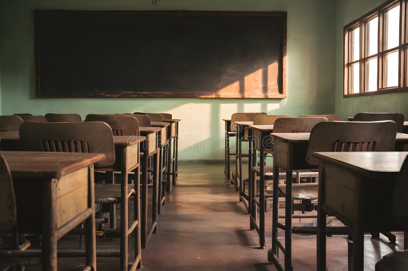 Empty Classroom with Wooden Desks, Sunlight, Tranquil Educational ...