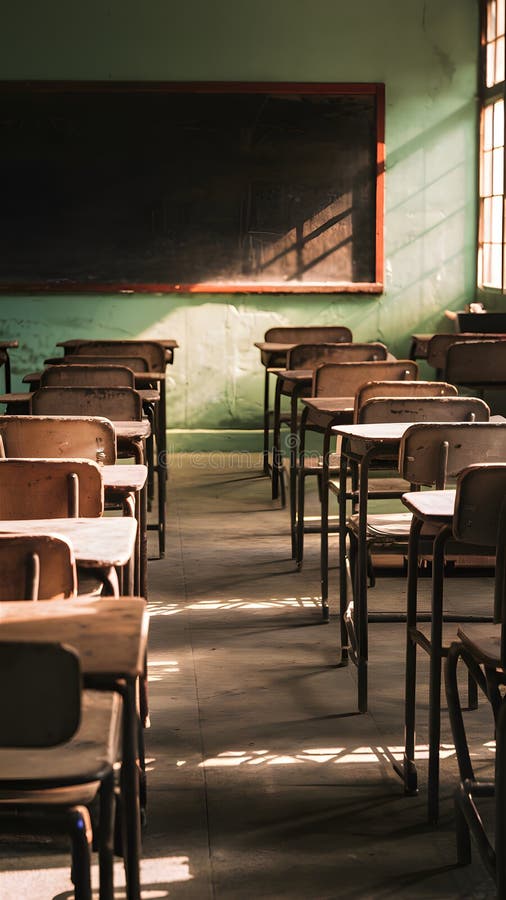 Empty Classroom with Wooden Desks, Sunlight, Tranquil Educational ...