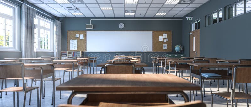 Empty Classroom with Wooden Desks Stock Illustration - Illustration of ...