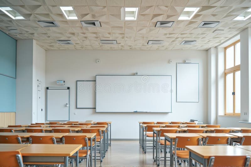 Empty Classroom Wooden Desks Whiteboard Bright Modern School Setting ...