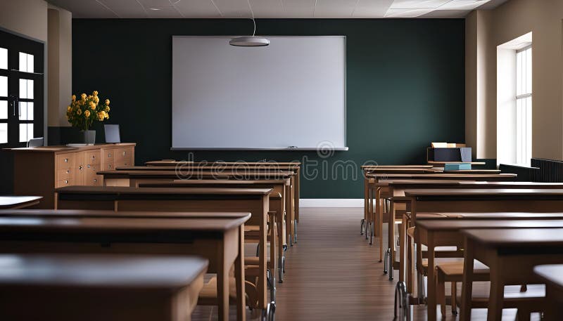 Empty Classroom with Wooden Desks and Whiteboard Stock Illustration ...