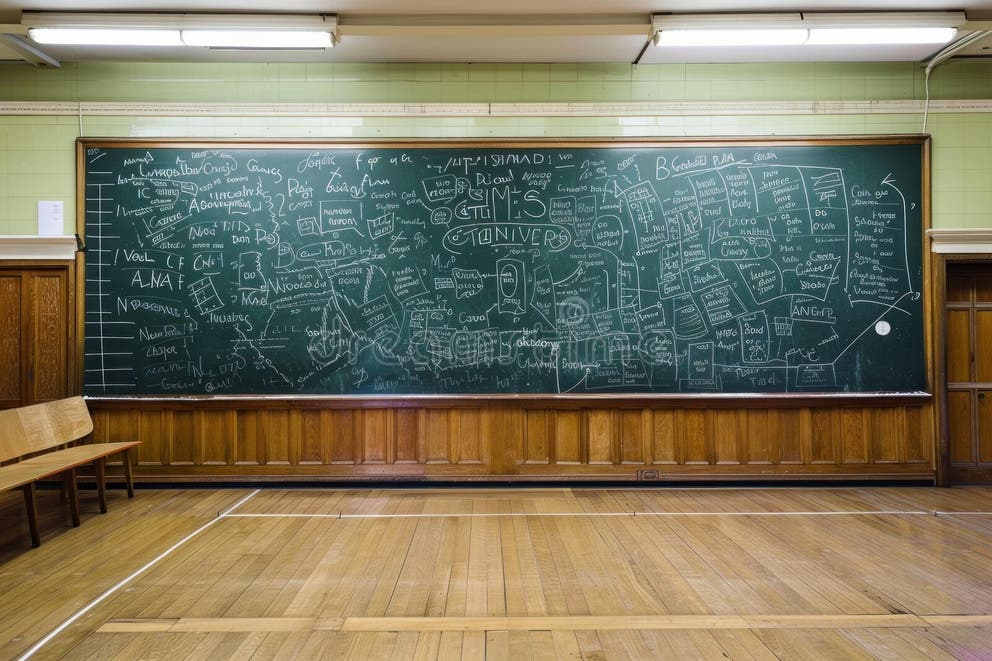 Empty Classroom with Chalkboard Covered in Writing Stock Image - Image ...