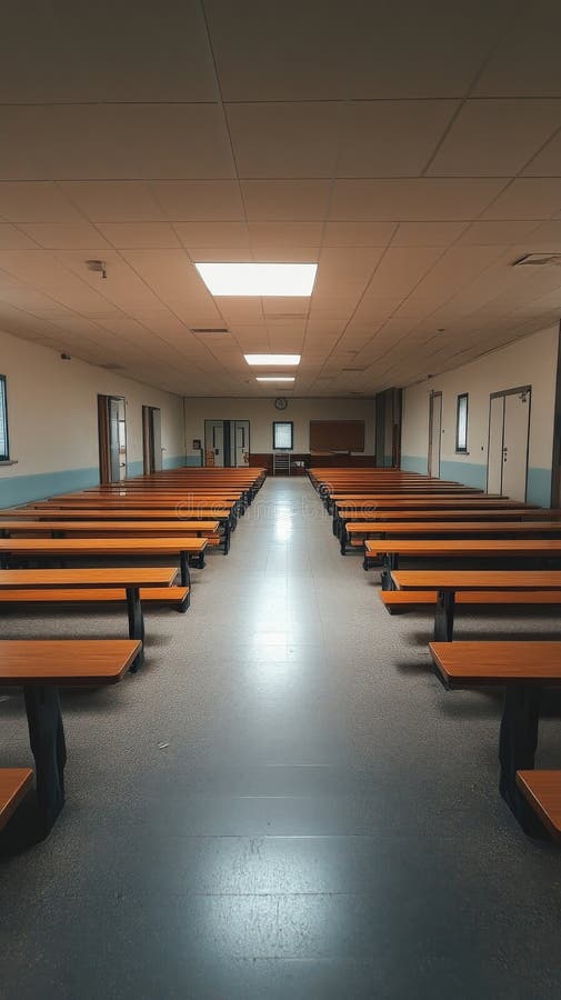 Empty Classroom with Wooden Tables and Natural Light in a Spacious ...