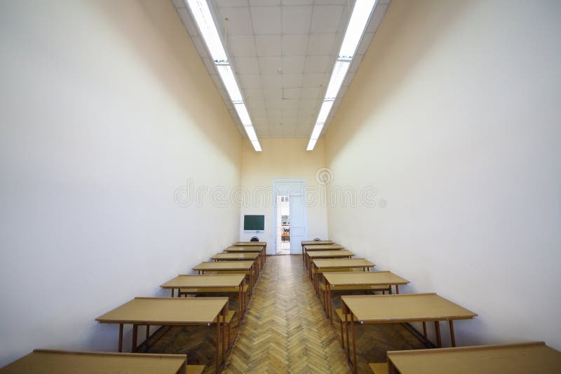 Empty Classroom with Wooden Tables for Students Stock Photo - Image of ...