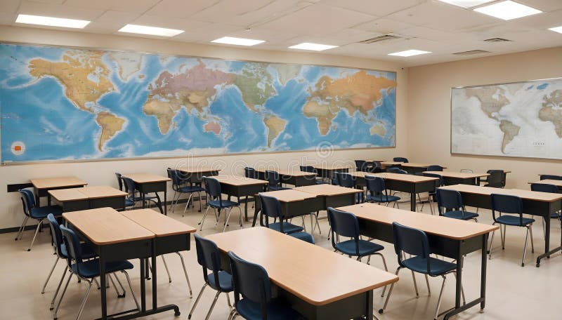 Empty Classroom with World Map Stock Illustration - Illustration of ...