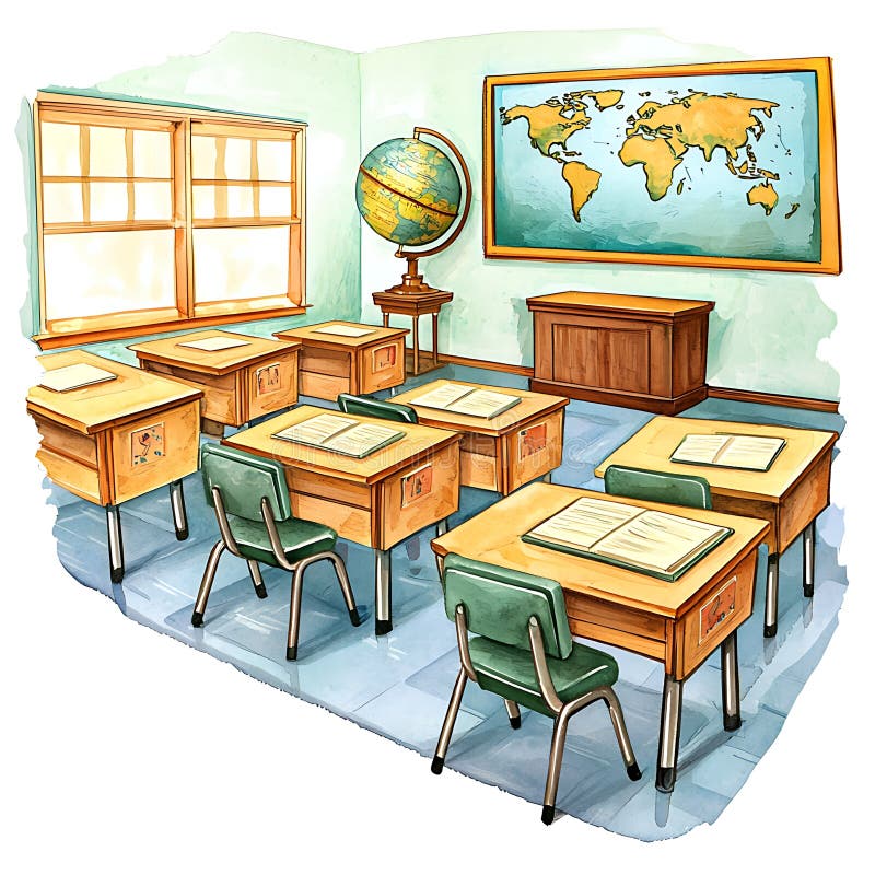 Empty Classroom with World Map and Globe Ready for Learning Stock ...