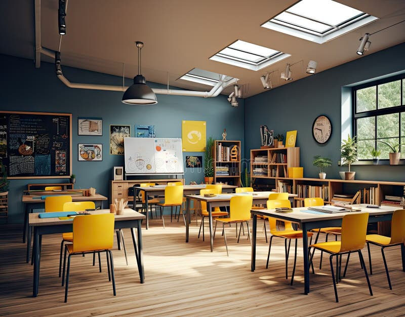 An Empty Classroom with Yellow Chairs and Tables Stock Photo - Image of ...