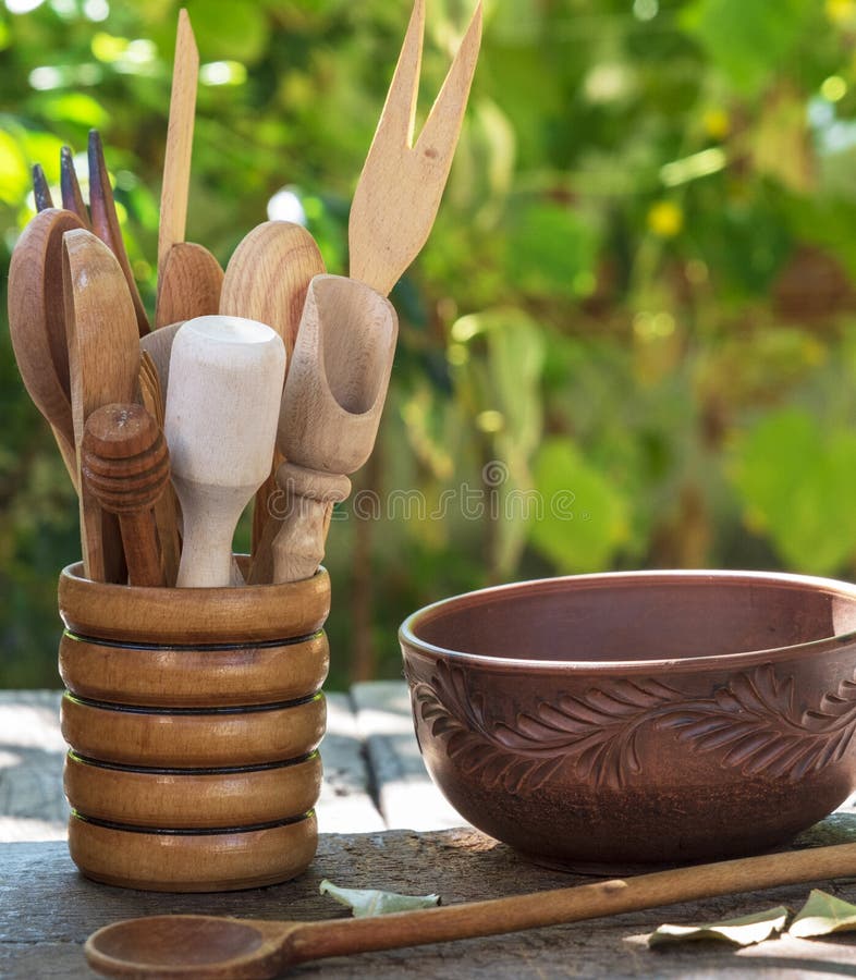 Various Wooden Objects in a Wooden Jar Stock Photo - Image of table ...
