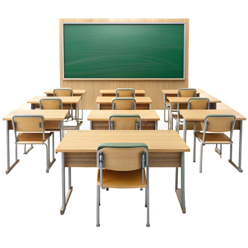 Empty Classroom with Green Chalkboard and Desks Ready for Education ...