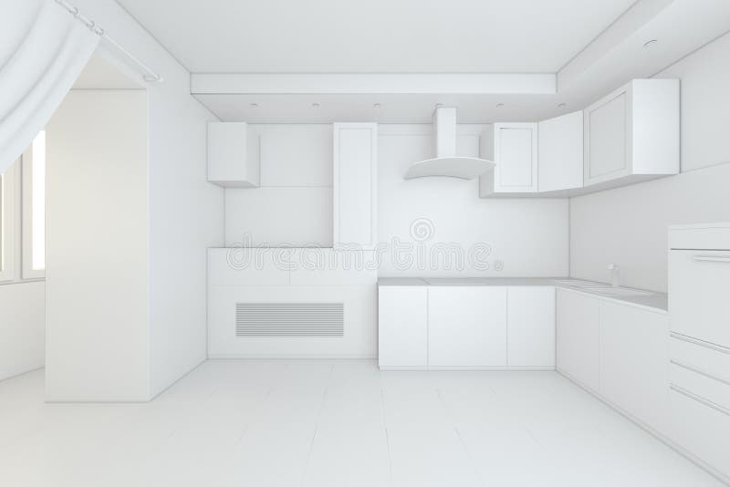 Empty Clean New White Kitchen. 3d Rendering Stock Illustration ...