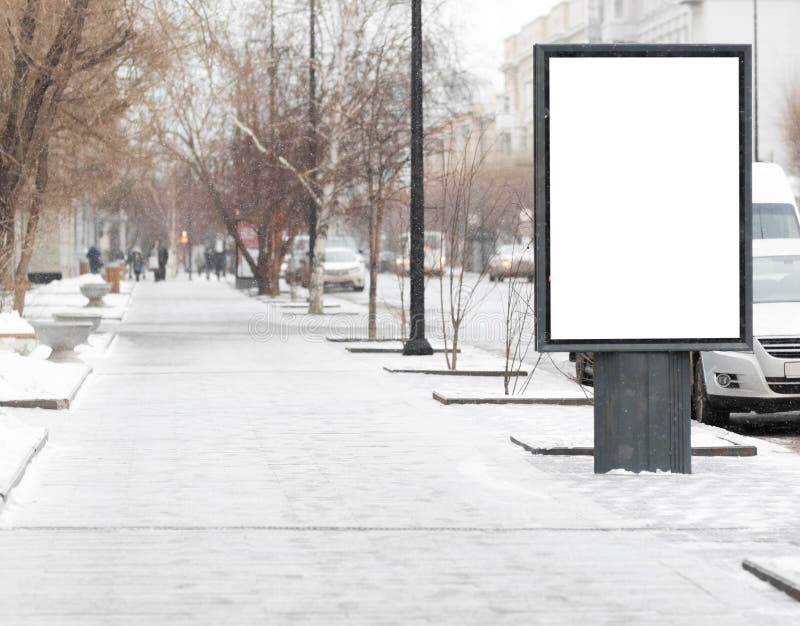 Empty Clean White Billboard on a City Street. Snow is Falling Stock ...