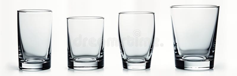 Empty Clear Glass Cups of Different Sizes Set on White Background ...