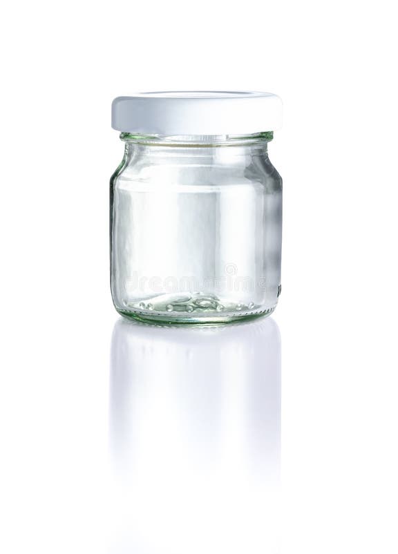 Empty Clear Glass Jar, White Cap in Front View, and Reflection Isolated ...