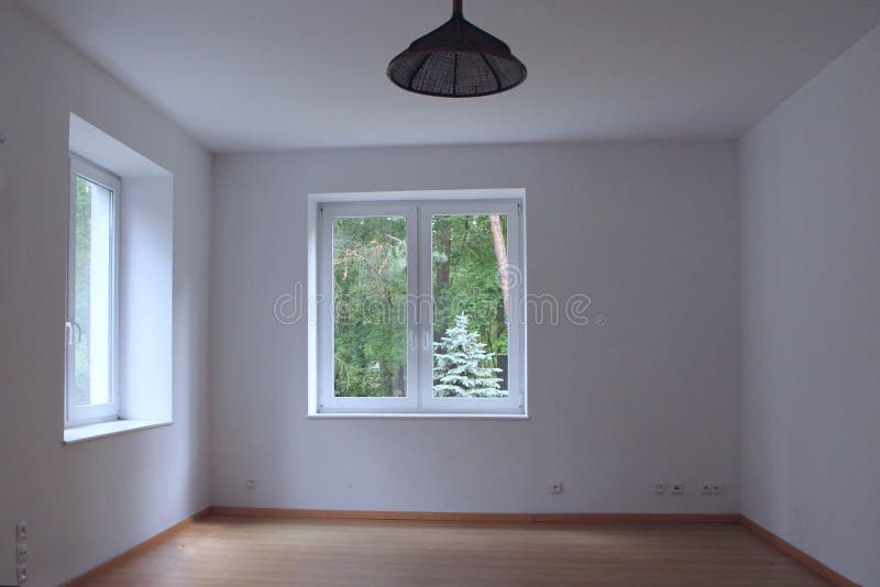 Empty Clear Room with Window Overlooking Forest Stock Photo - Image of ...