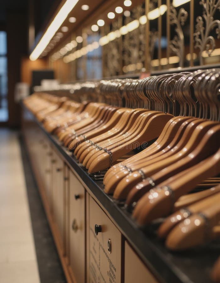 Empty Coat-check Area Featuring Numbered Wooden Hangers in a Stylish ...