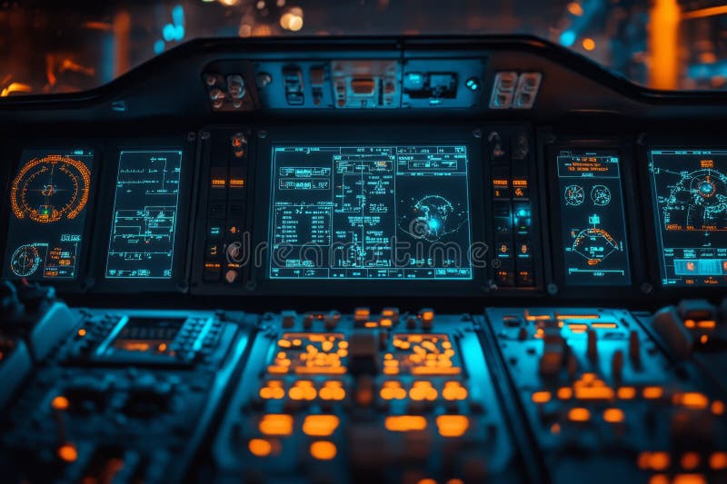 Empty Cockpit of a Modern Aircraft with Illuminated Control Panel and ...