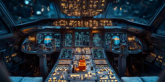 Empty Cockpit of a Modern Airplane at Night Showing Illuminated Control ...