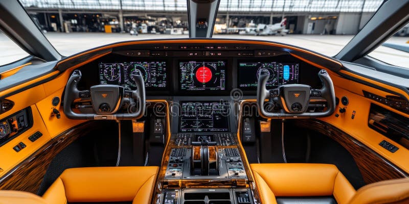 Empty Cockpit of Modern Private Jet Showing Control Panel and Steering ...
