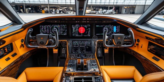 Empty Cockpit of Modern Private Jet Showing Control Panel and Steering ...