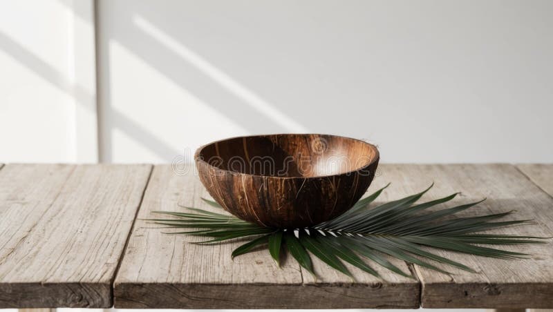 Empty Coconut Shell Bowl on Wooden Table with Palm Leaf. Stock Photo ...