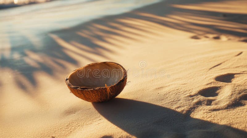 Empty Coconut Shell on Sandy Beach at Sunset Stock Illustration ...