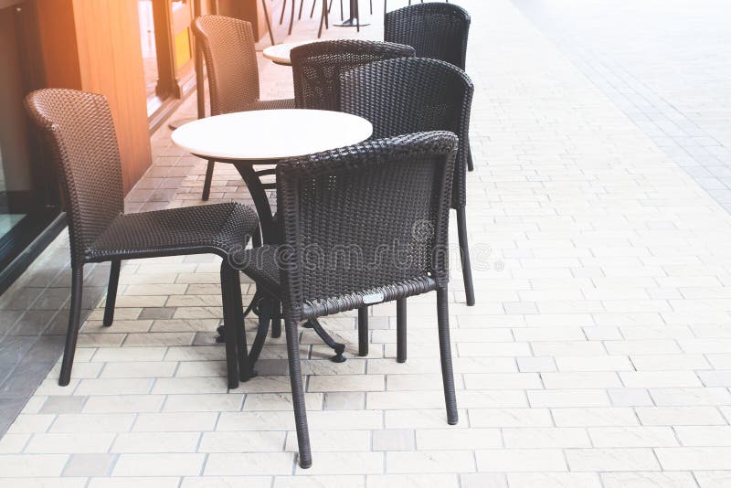 Empty Coffee and Restaurant Terrace with Classic Style Tables and ...