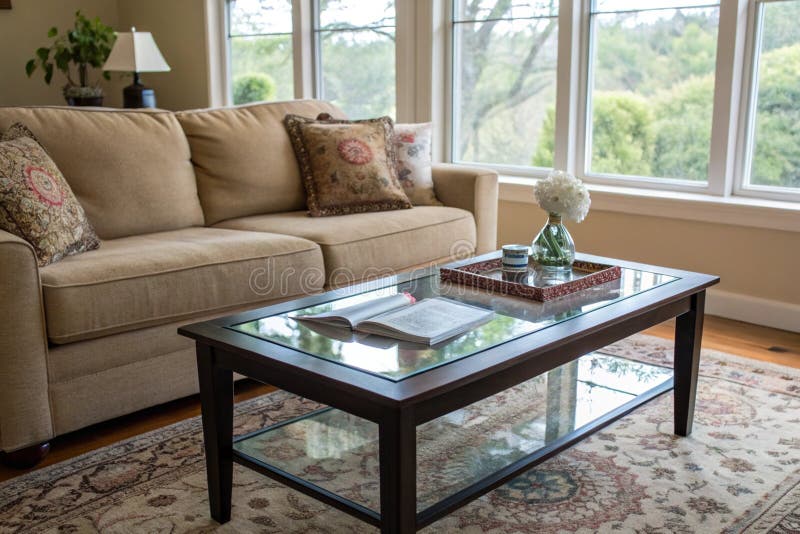 Empty Coffee Table with Montage Space Near Beige Sofa and Panoramic ...