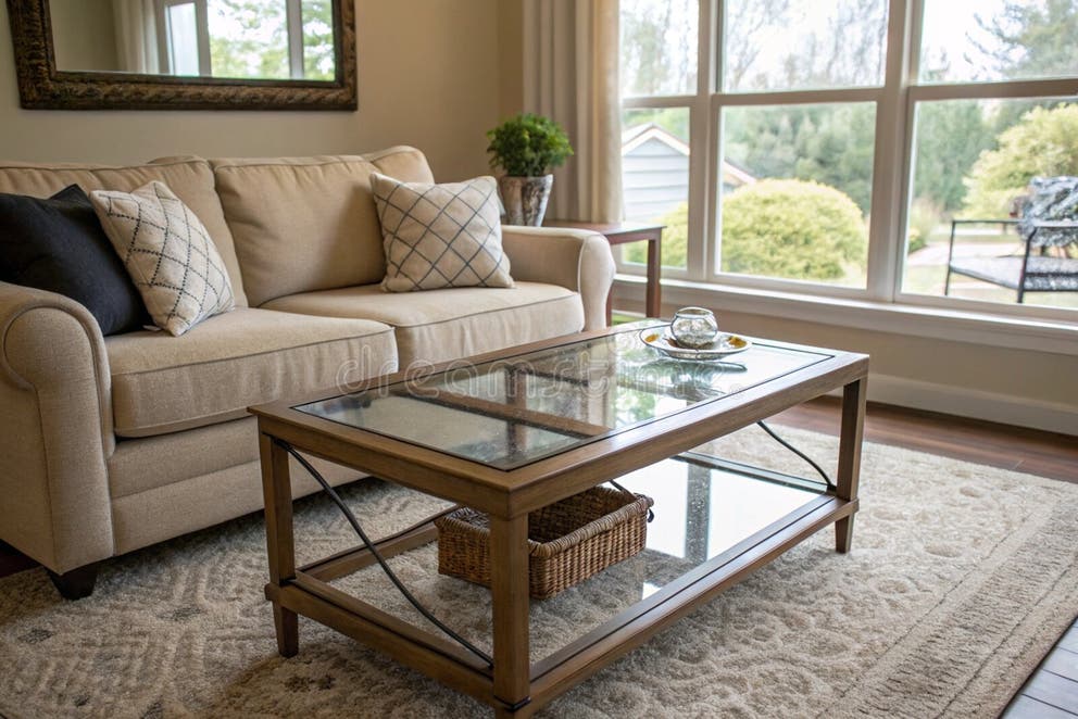 Empty Coffee Table Near Beige Sofa with Panoramic Window Stock ...